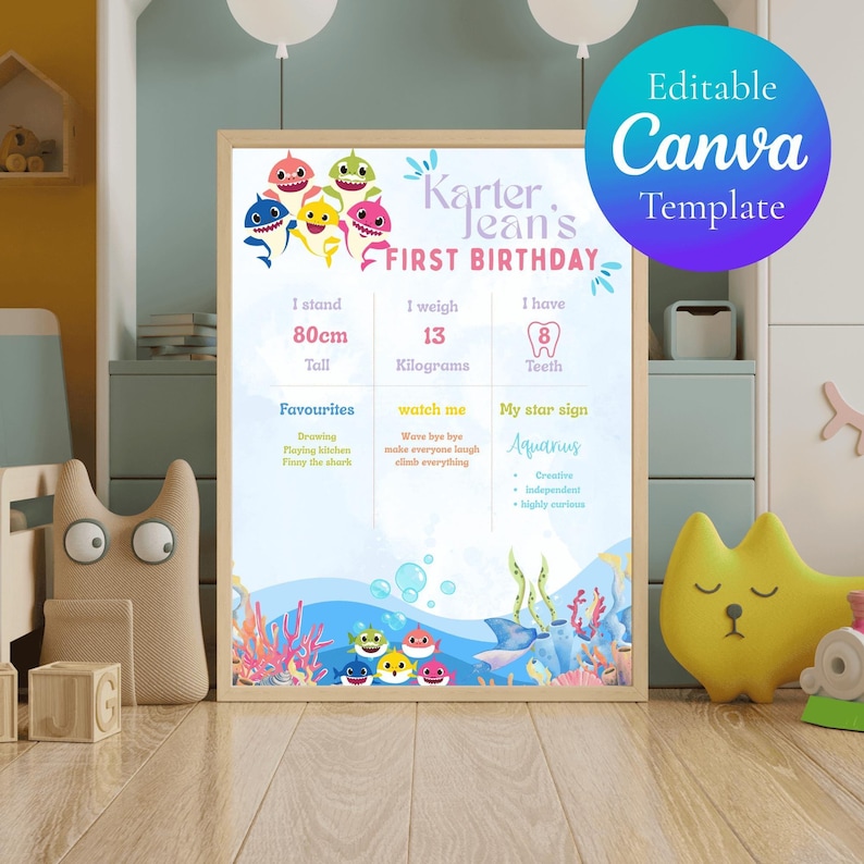 Baby Shark Themed Milestone Board Template | First Birthday Sign ...