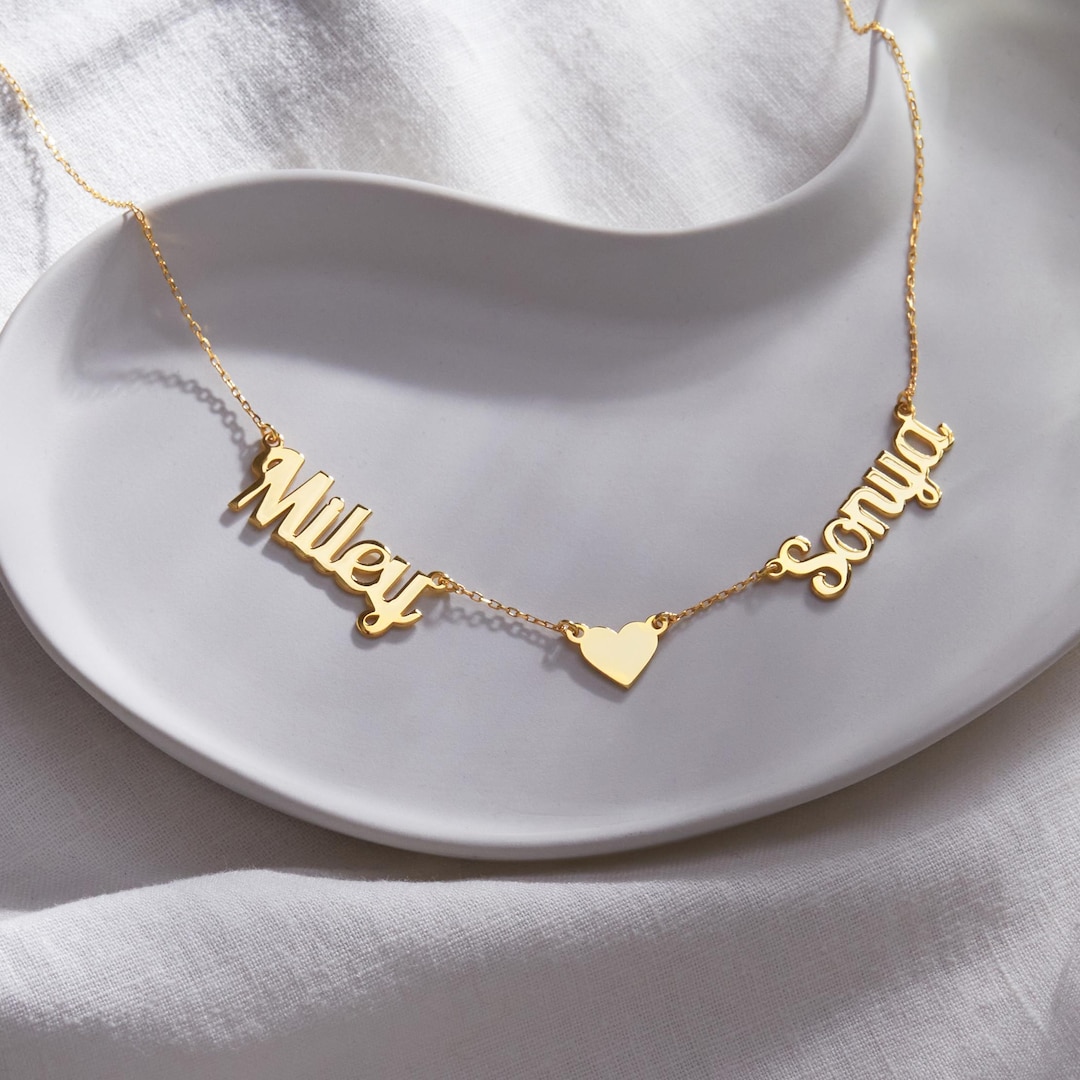14k Gold Two Name Necklace With Heart, Dainty Name Necklace, Couple ...