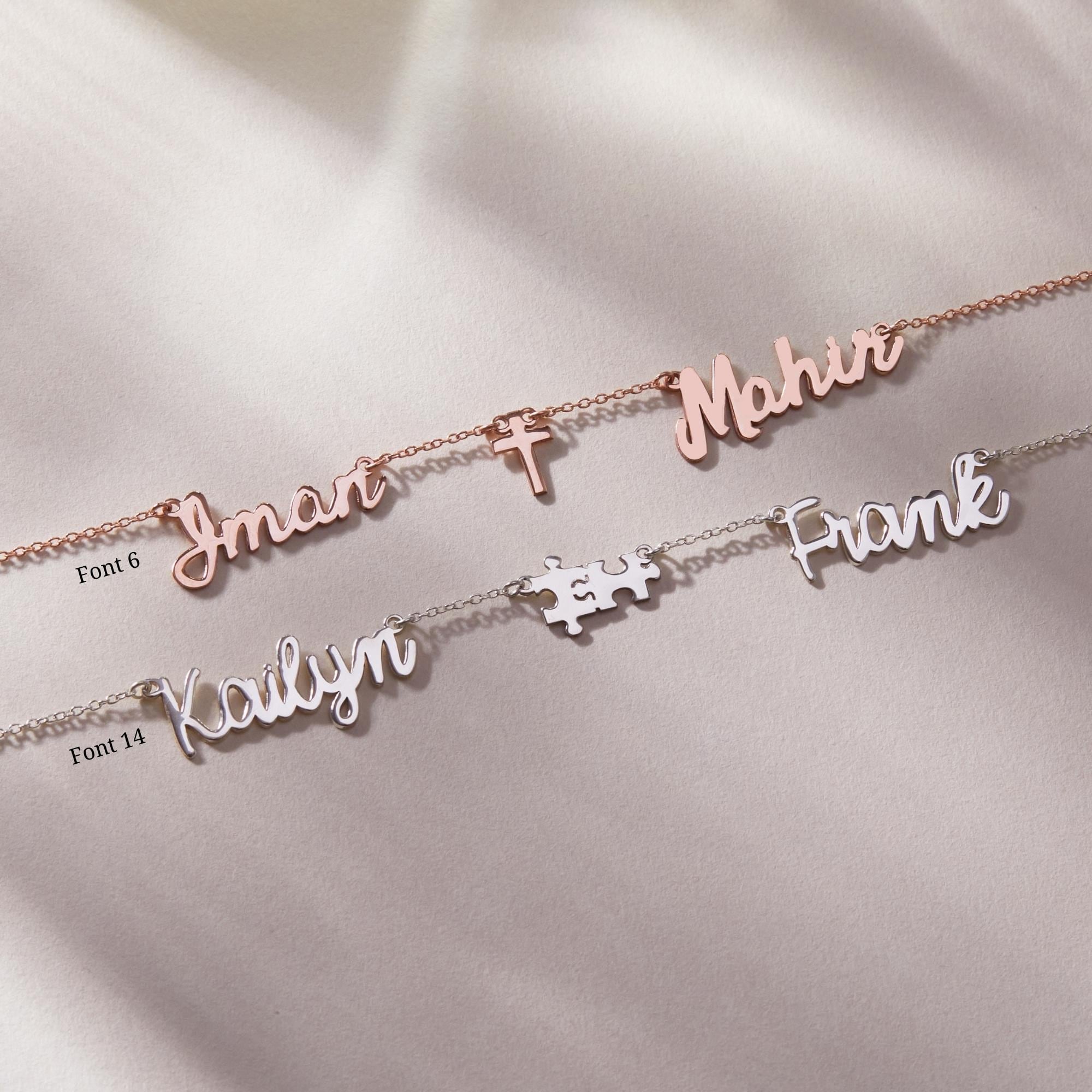 14k Gold Two Name Necklace With Heart, Dainty Name Necklace, Couple ...