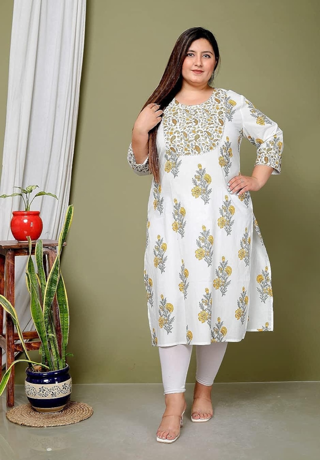 White and Yellow Floral Plus Size Straight Kurti Kurta Sizes 3XL to 8XL ...