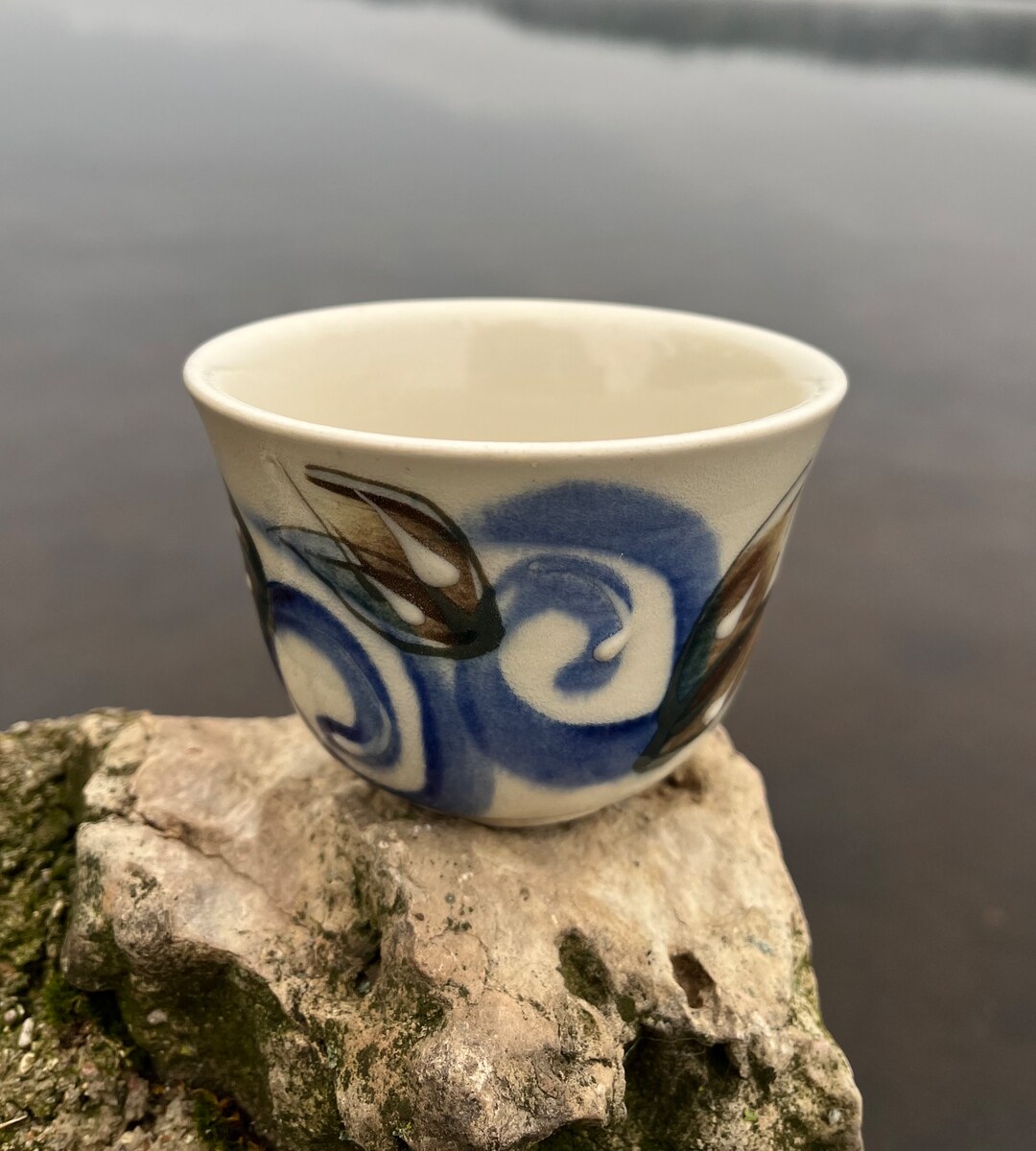 Handpainted Zen Style Art Pottery Bowl Cup Blue Brown Abstract Decor ...