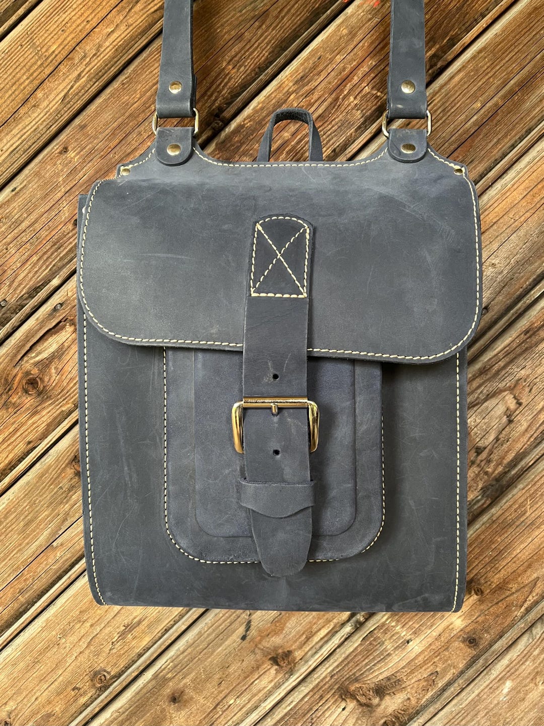 Vintage Office Formal Cross Body Blue Thick Genuine Leather Tanned ...