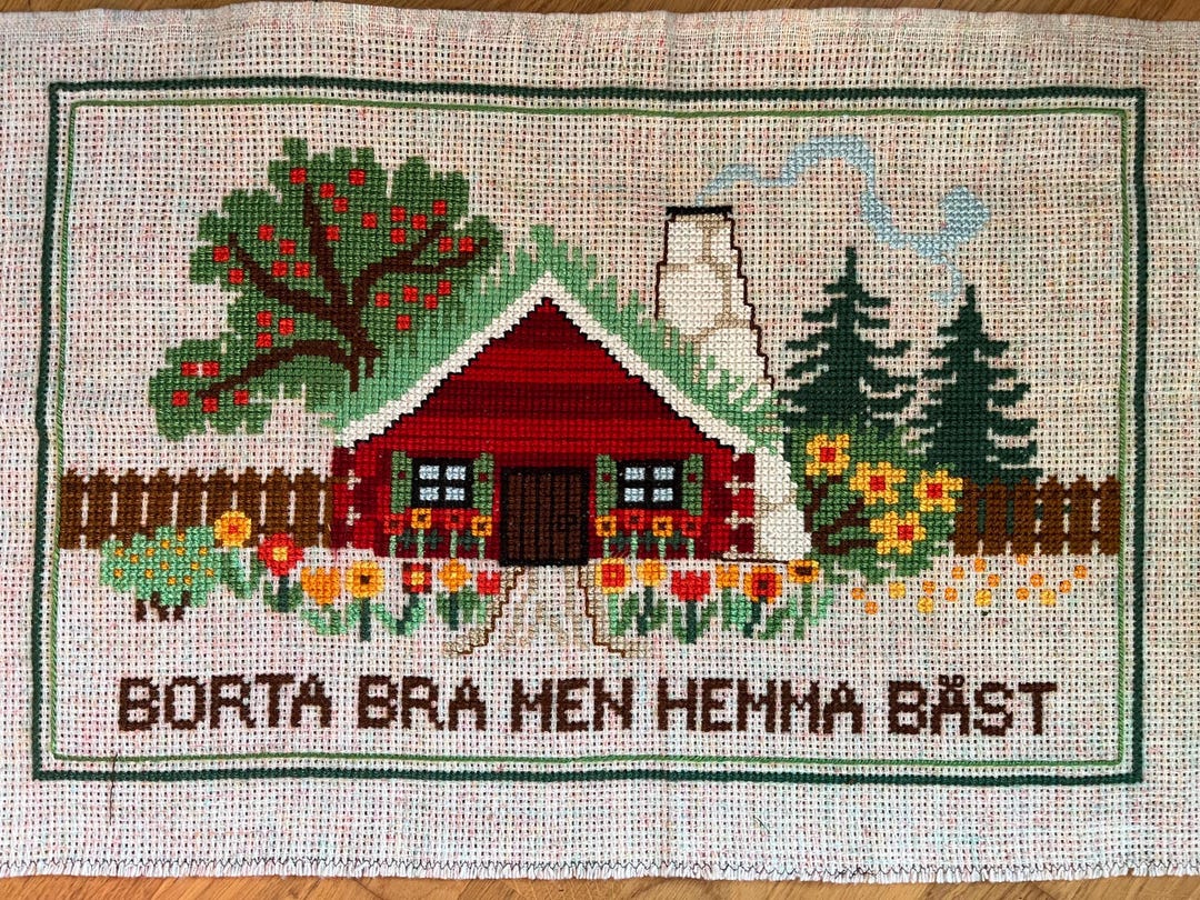 Swedish Vintage Embroidery Canvas: Rural Scene Textile Art - Etsy