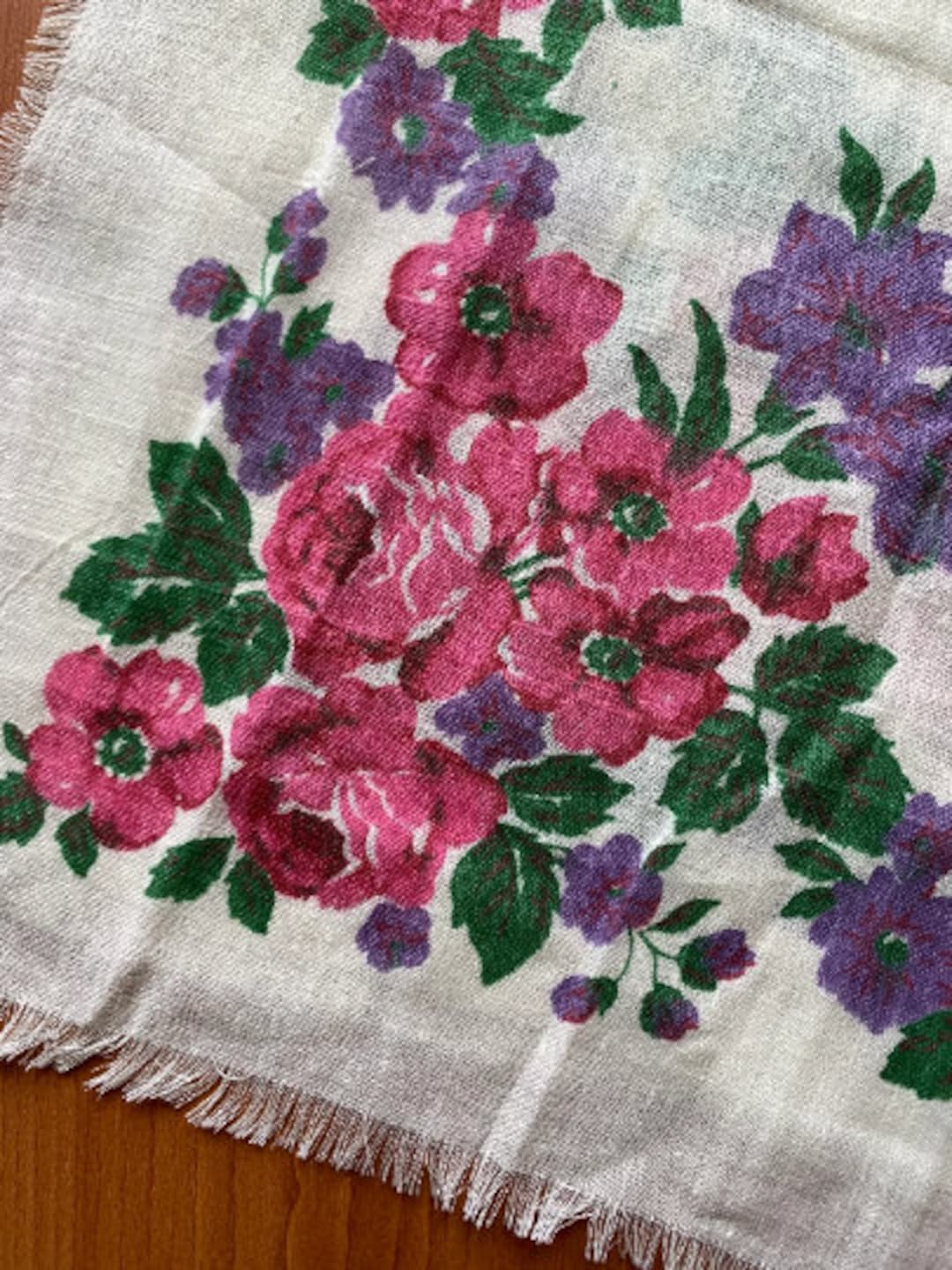 Soviet Era Vintage Cotton Head Scarf Floral Roses Pink Purple USSR ...