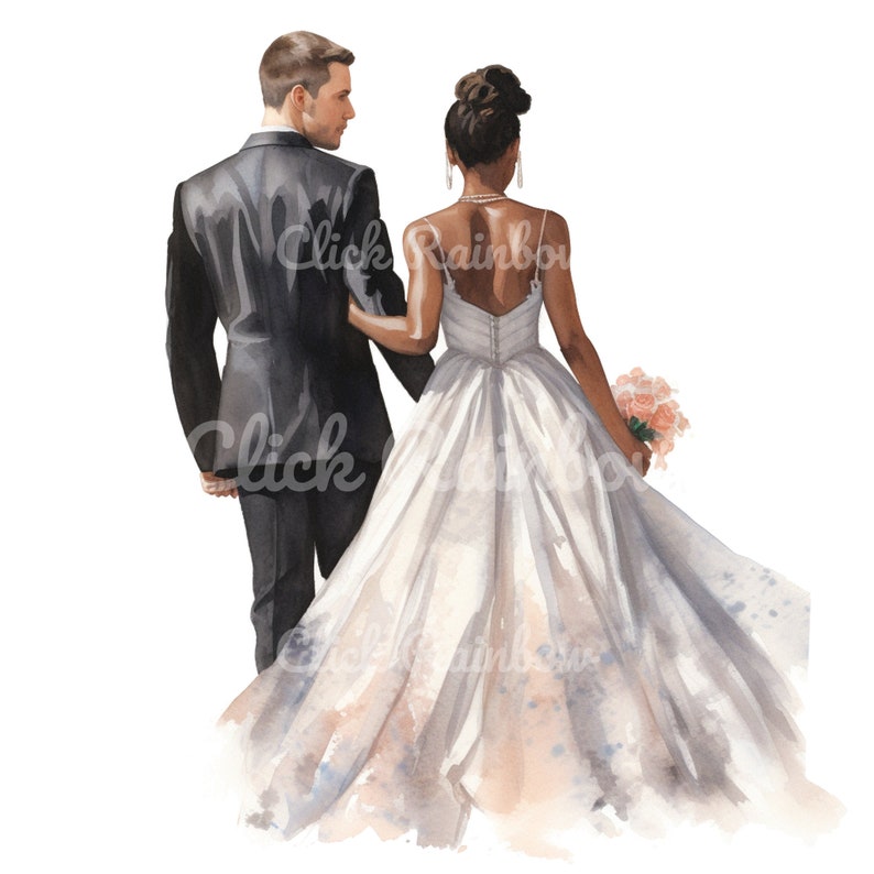 Biracial Just Married Couple Clipart: Wedding PNG Bundle (digital ...