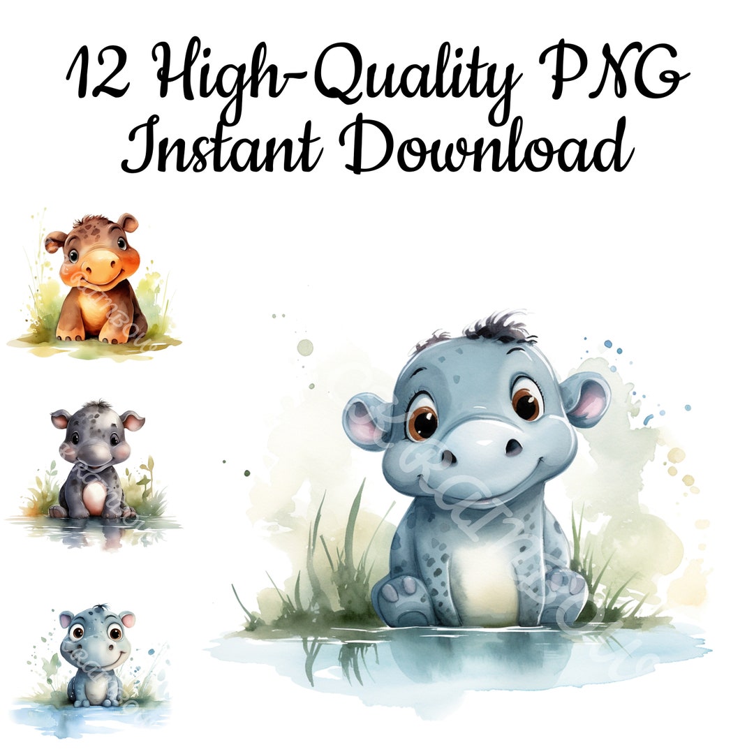 Cute Baby Hippo Clipart, 12 Hippo PNG, Hippo Illustration, Hippo ...