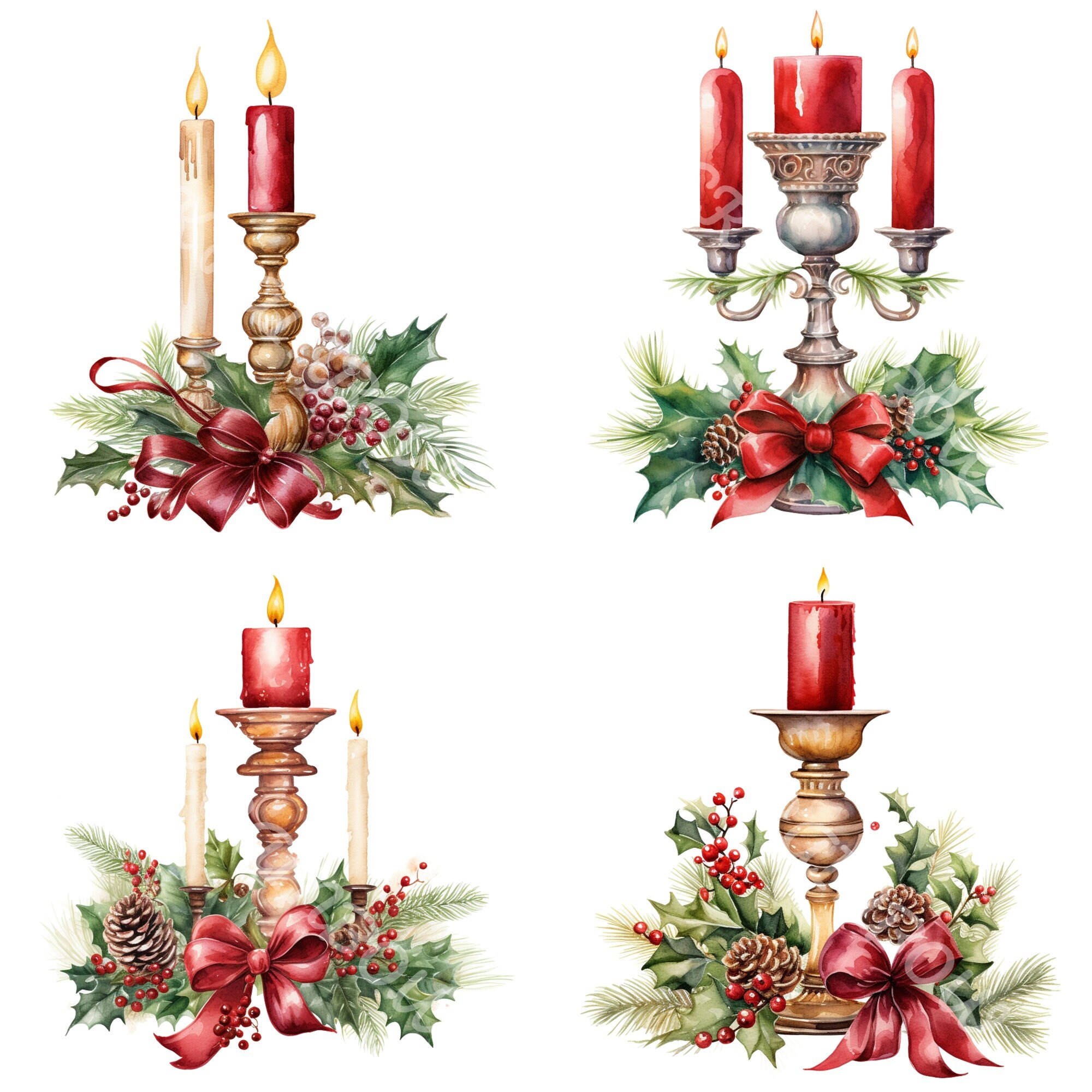 Christmas Candlestick Clipart: Holiday PNG Illustrations (instant ...