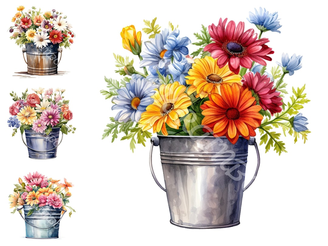 Flowers in Bucket Clipart, 12 Flowers PNG, Bouquet in Bucket, Flowers ...