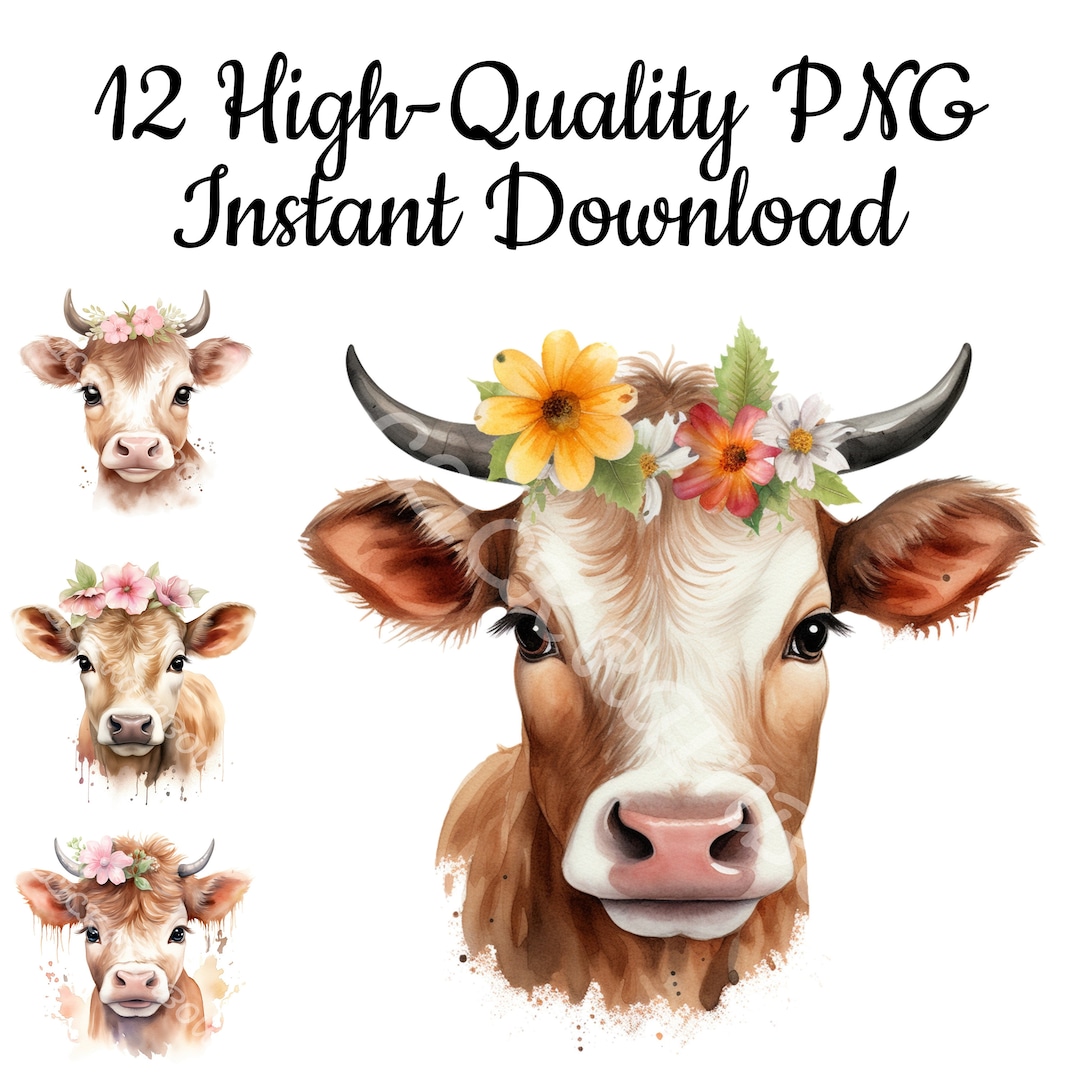 Cow With Flowers Clipart, 12 Cute Cow PNG, Cute Cow Illustration, Cow ...