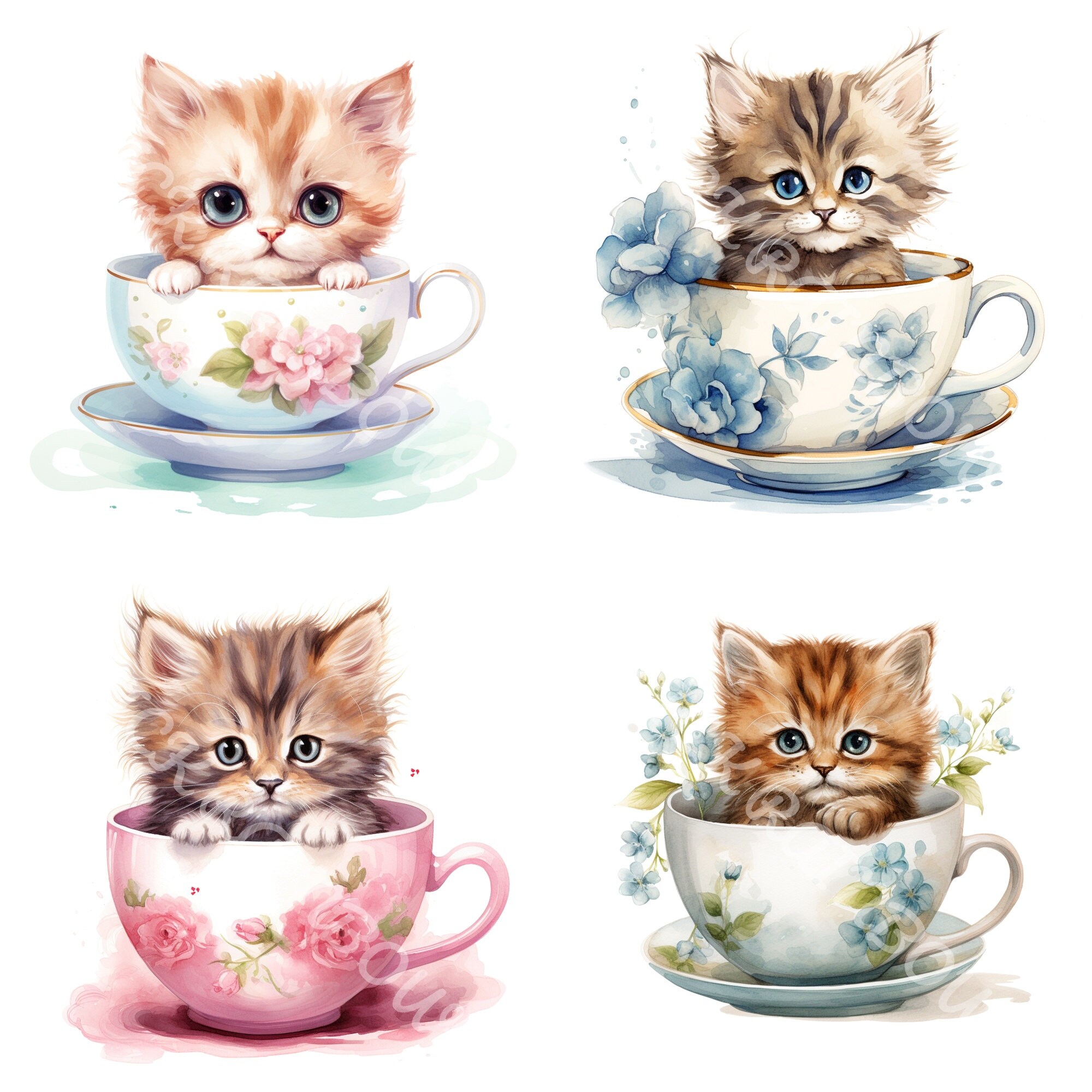Kitten in Tea Cup Clipart, 12 High-quality PNG, Cute Kitten Printable ...