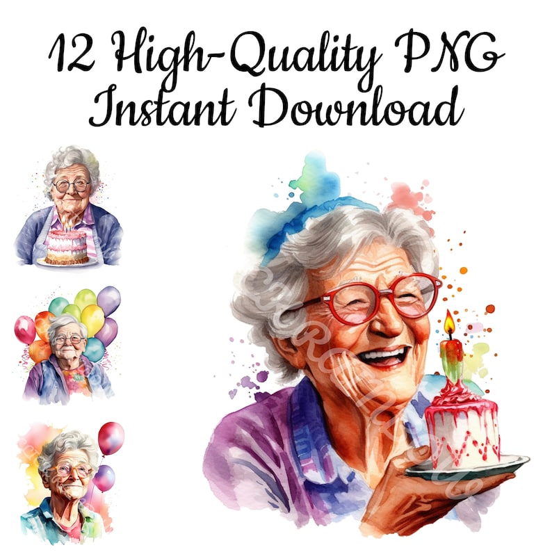 Geburtstags-Oma Aquarell Clipart: 12 PNG-Illustrationen (Digitaler ...