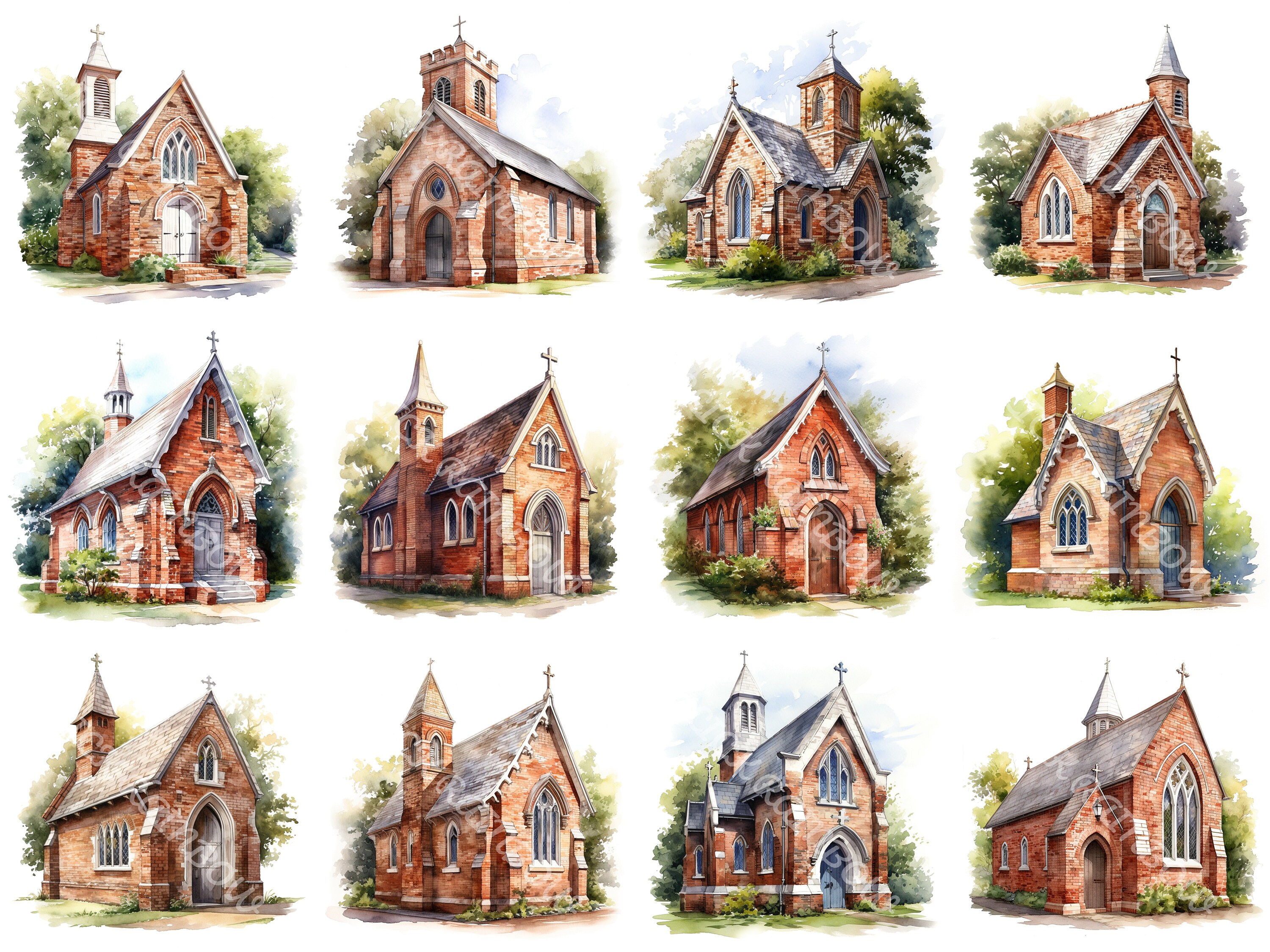 Tiny Brick Church Clipart, 12 Brick Church PNG, Brick Church Digital ...