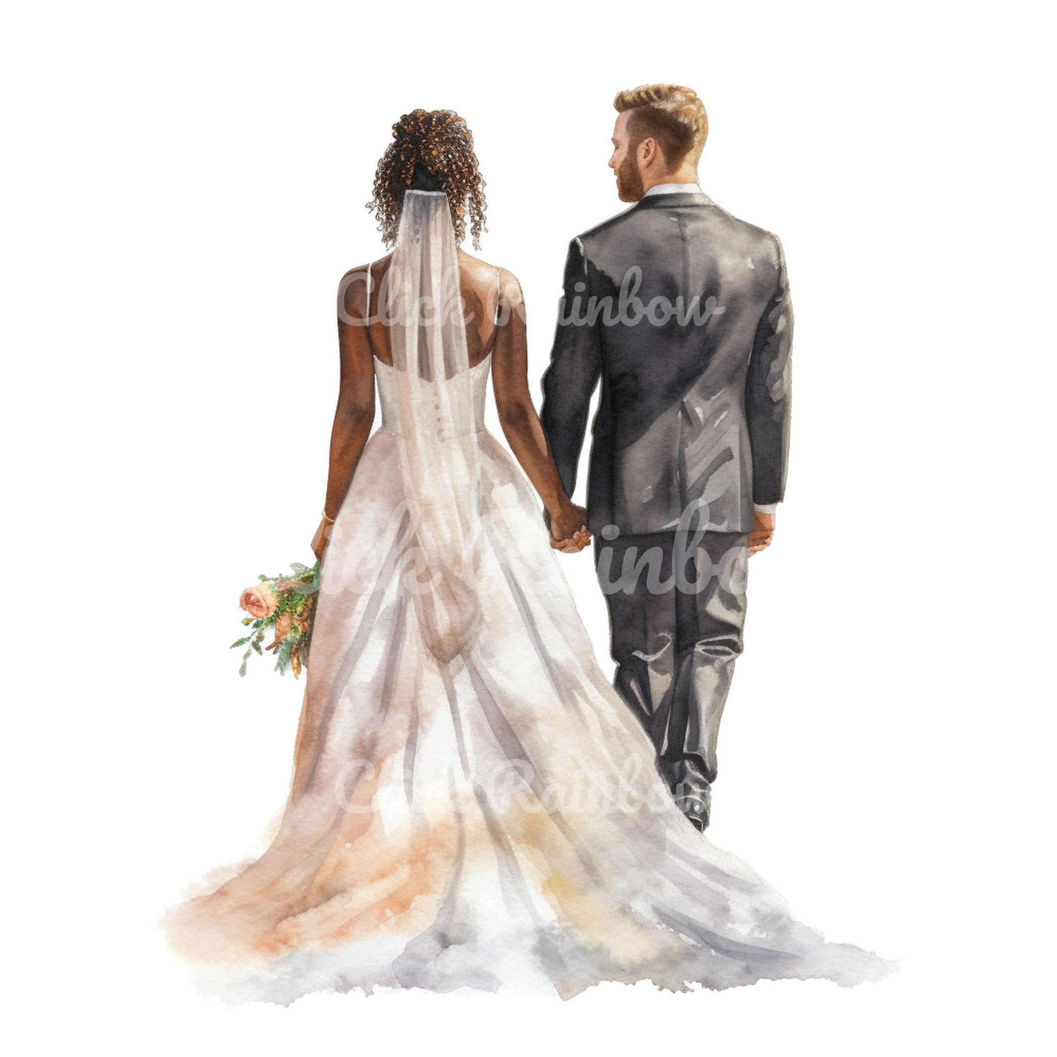 Biracial Just Married Couple Clipart: Wedding PNG Bundle (digital ...