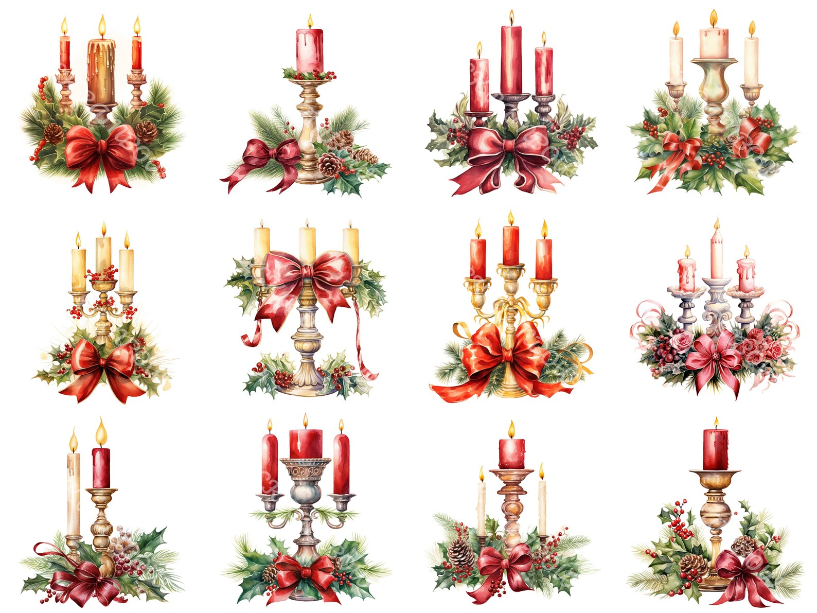 Christmas Candlestick Clipart: Holiday PNG Illustrations (instant ...