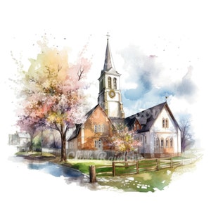 Spring Church Watercolor Clipart: Printable Church Illustration ...