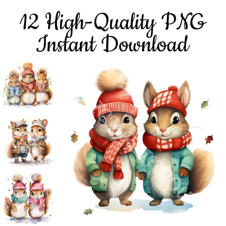 Winter Squirrels Watercolor Clipart, Cute PNG Illustrations (digital ...