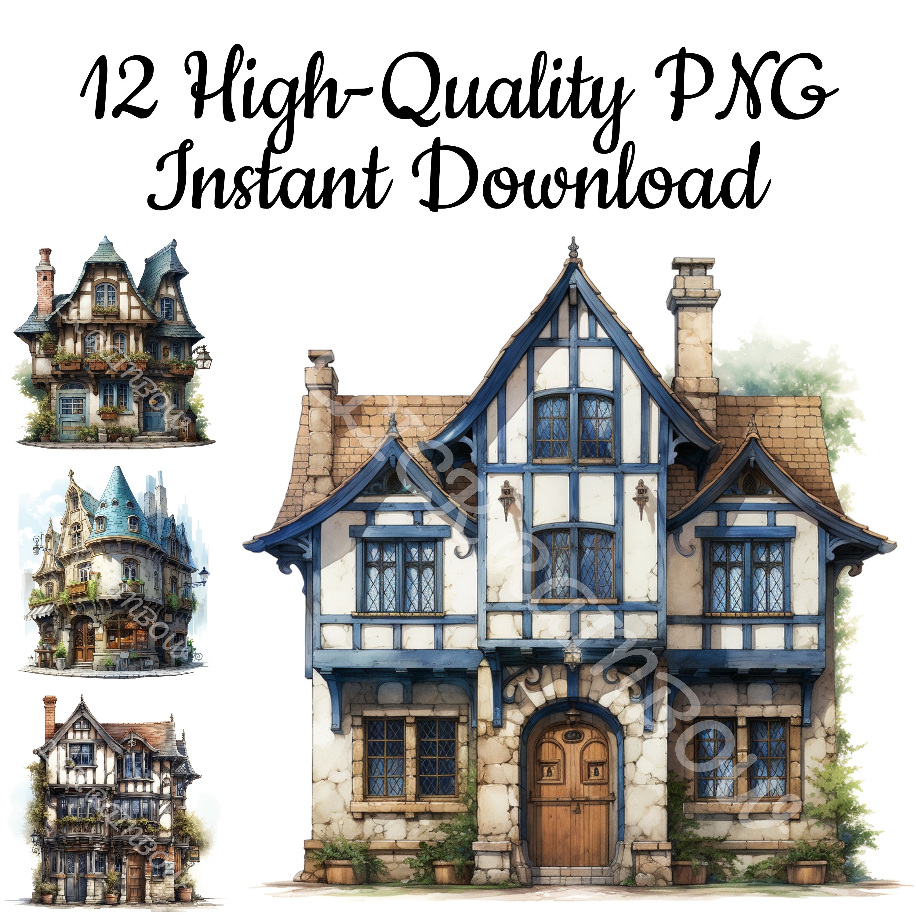 Medieval House Clipart, 12 High-quality PNG, Fantastic Printable ...