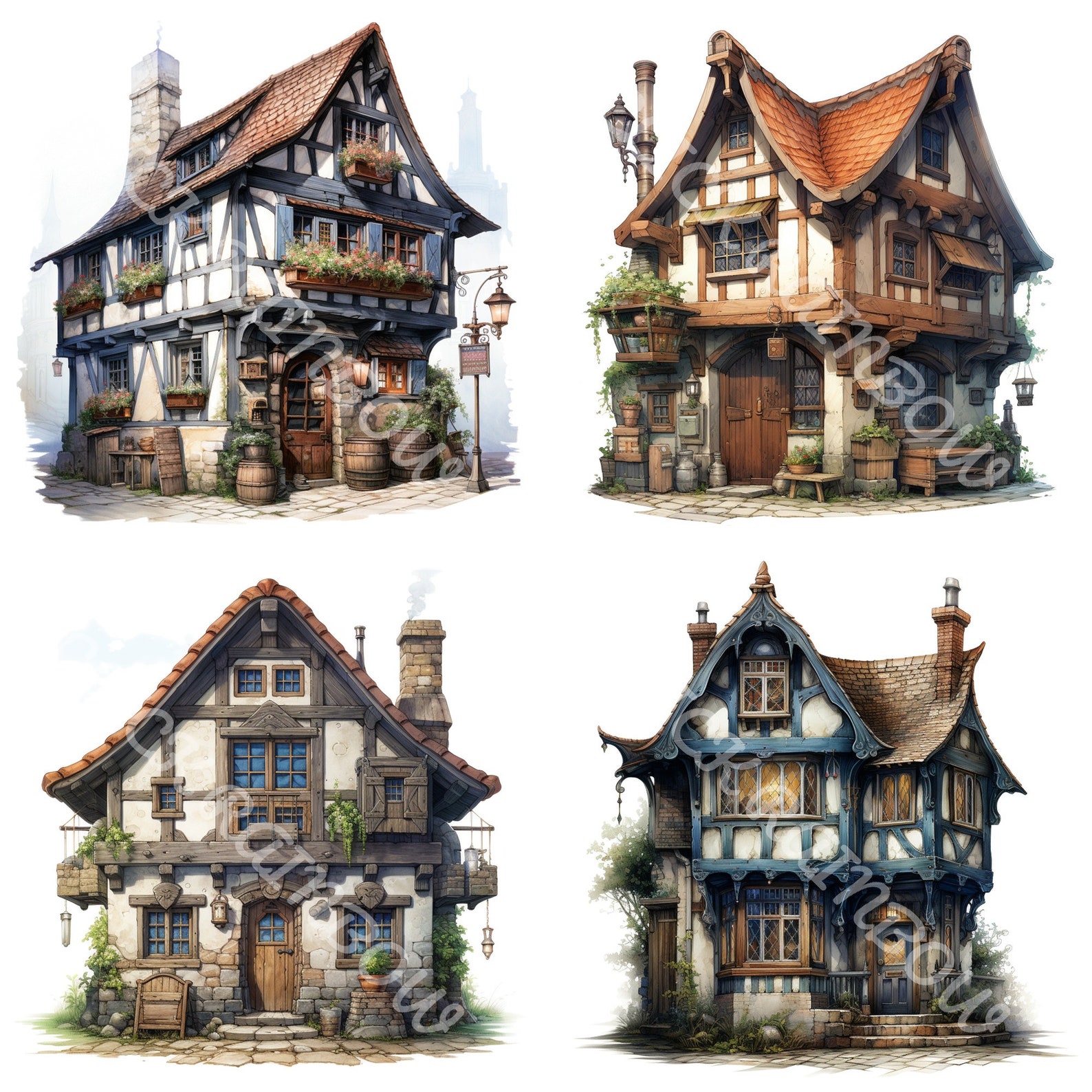 Medieval House Clipart, 12 High-quality PNG, Fantastic Printable ...