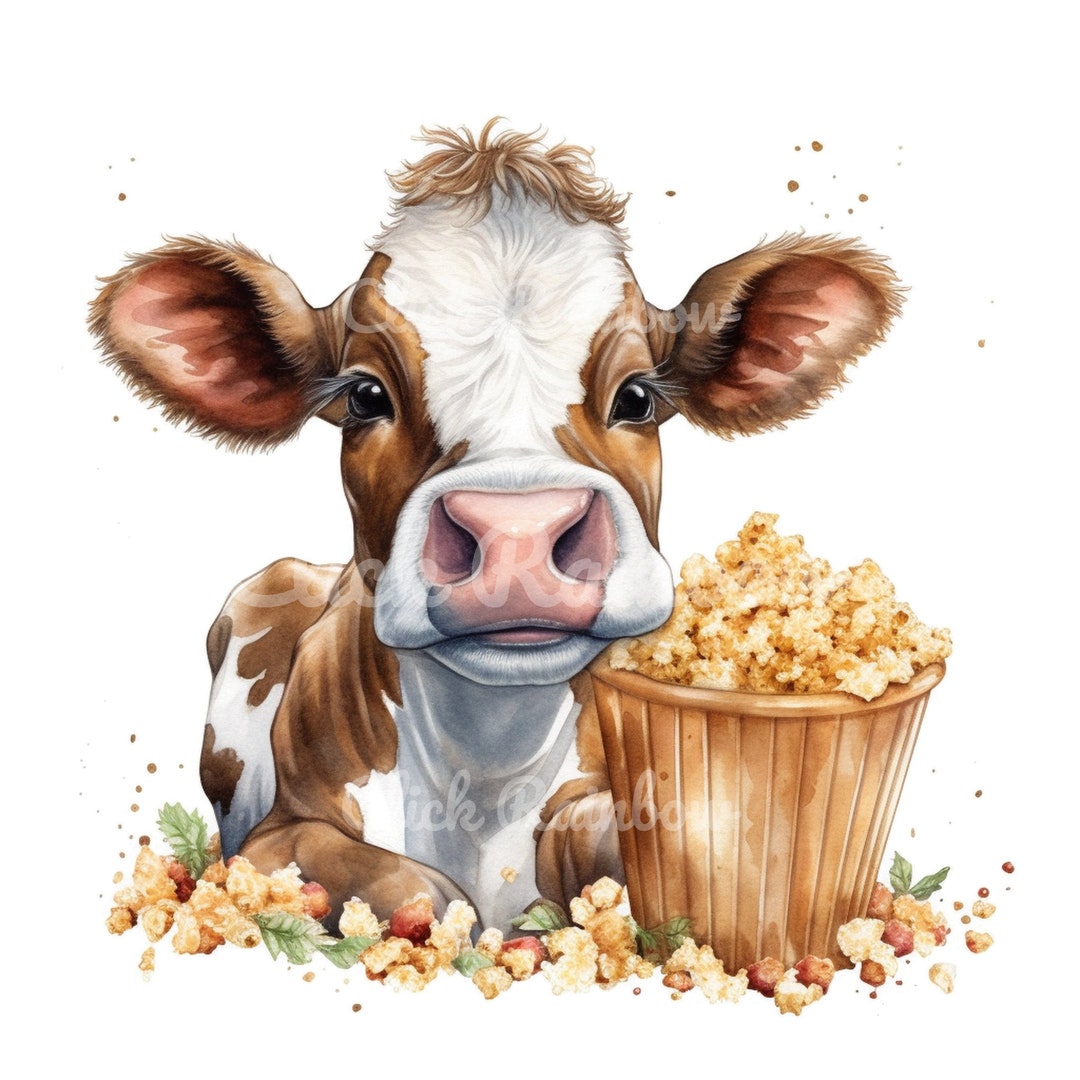 Cow Eating Popcorn Clipart, 12 Cow PNG, Cow Illustration, Cow Painting ...