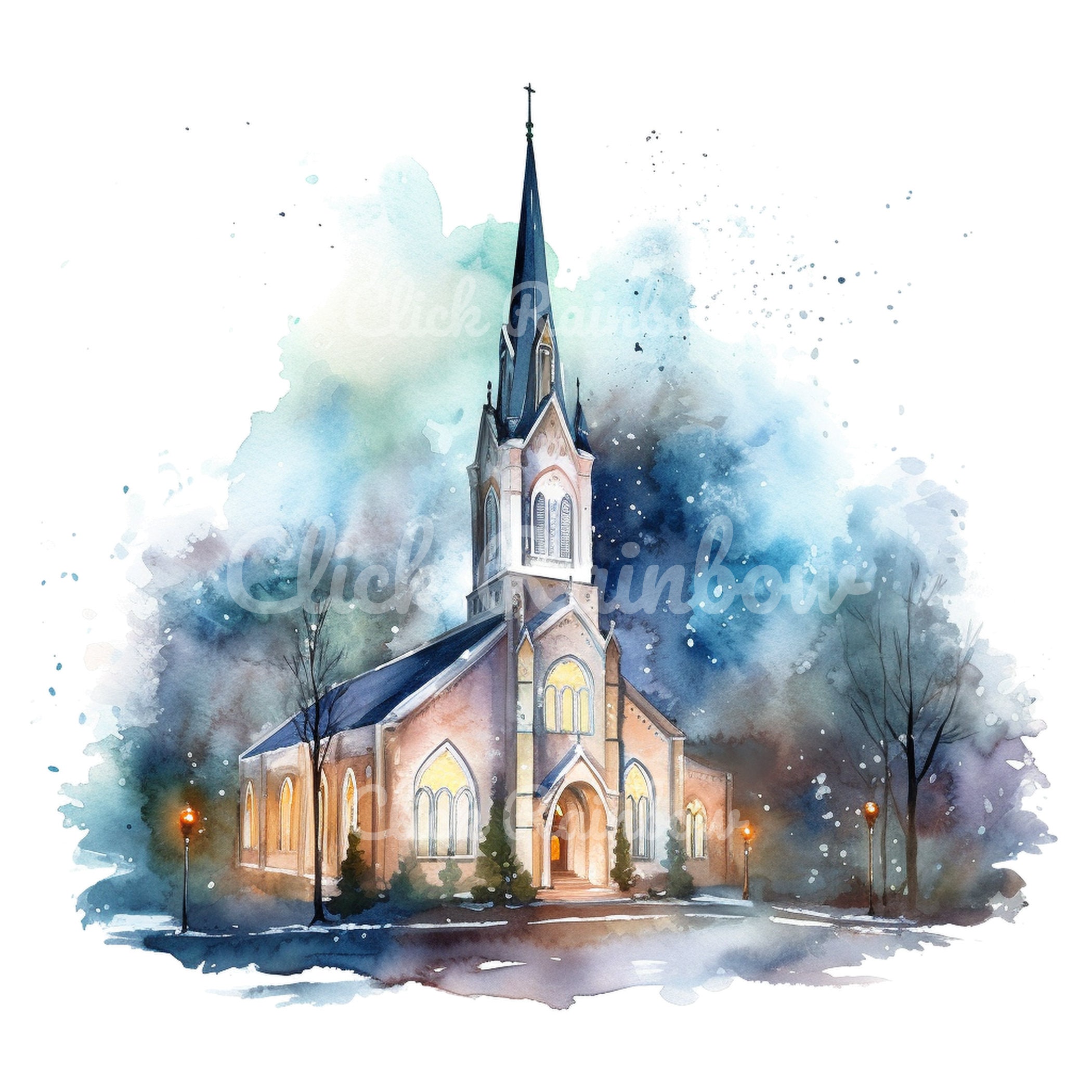Church at Night Clipart: Christian Watercolor Illustration (digital ...