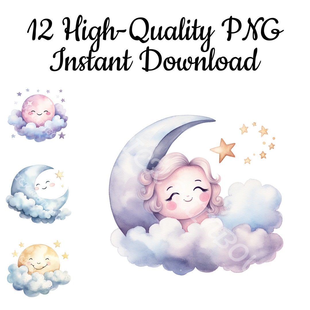 Moon With Clouds Clipart, 12 Cute Moon PNG, Cute Moon Wall Art, Birth ...