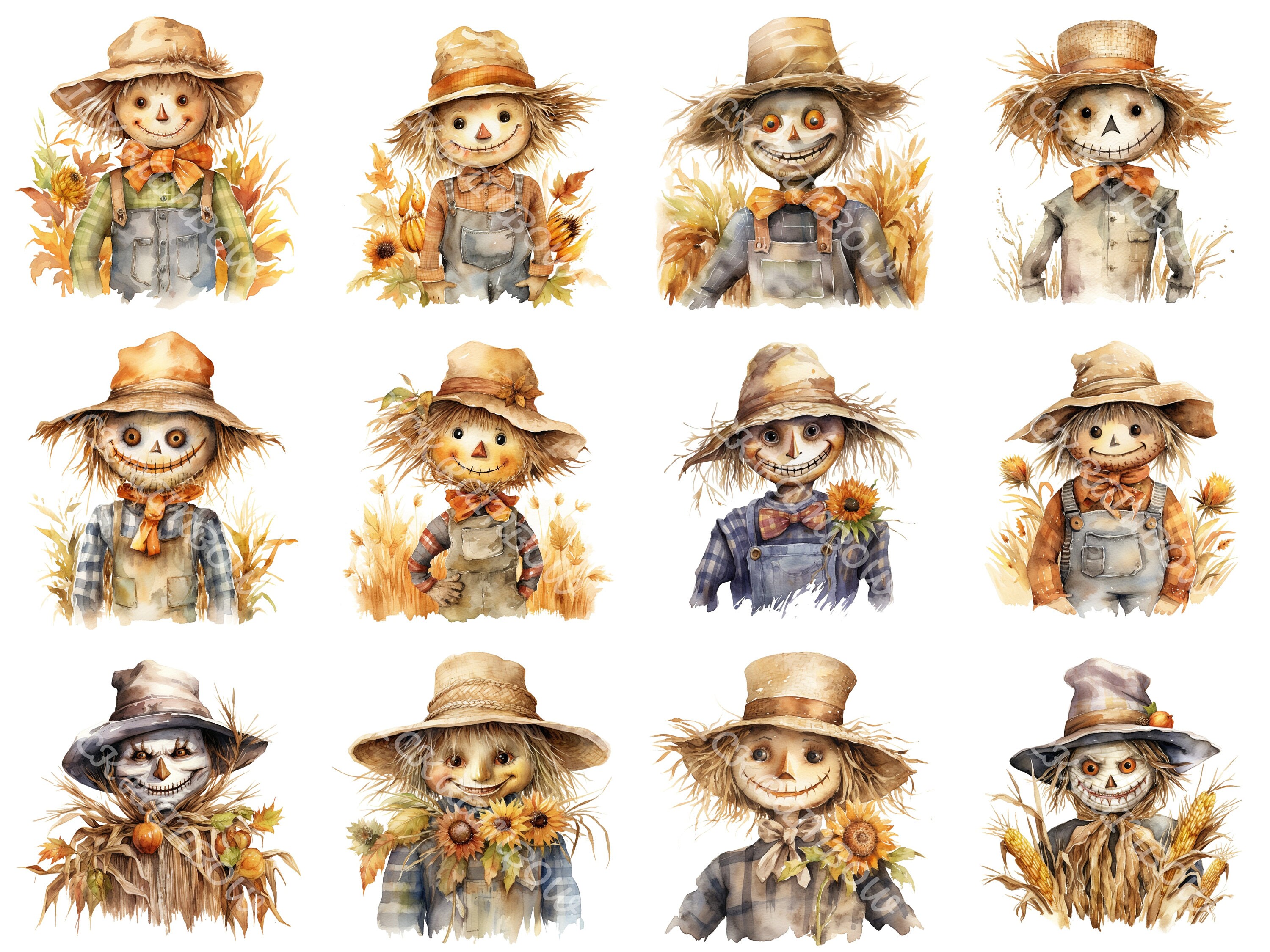 Scarecrow Clipart, 12 High-quality PNG, Halloween Printable, Scarecrow ...