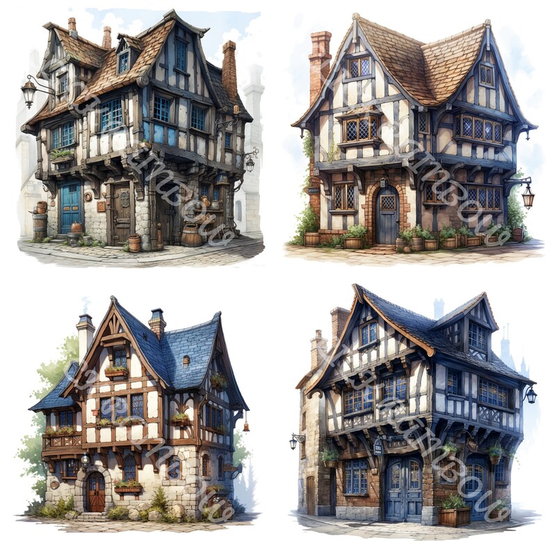 Medieval House Clipart, 12 High-quality PNG, Fantastic Printable ...