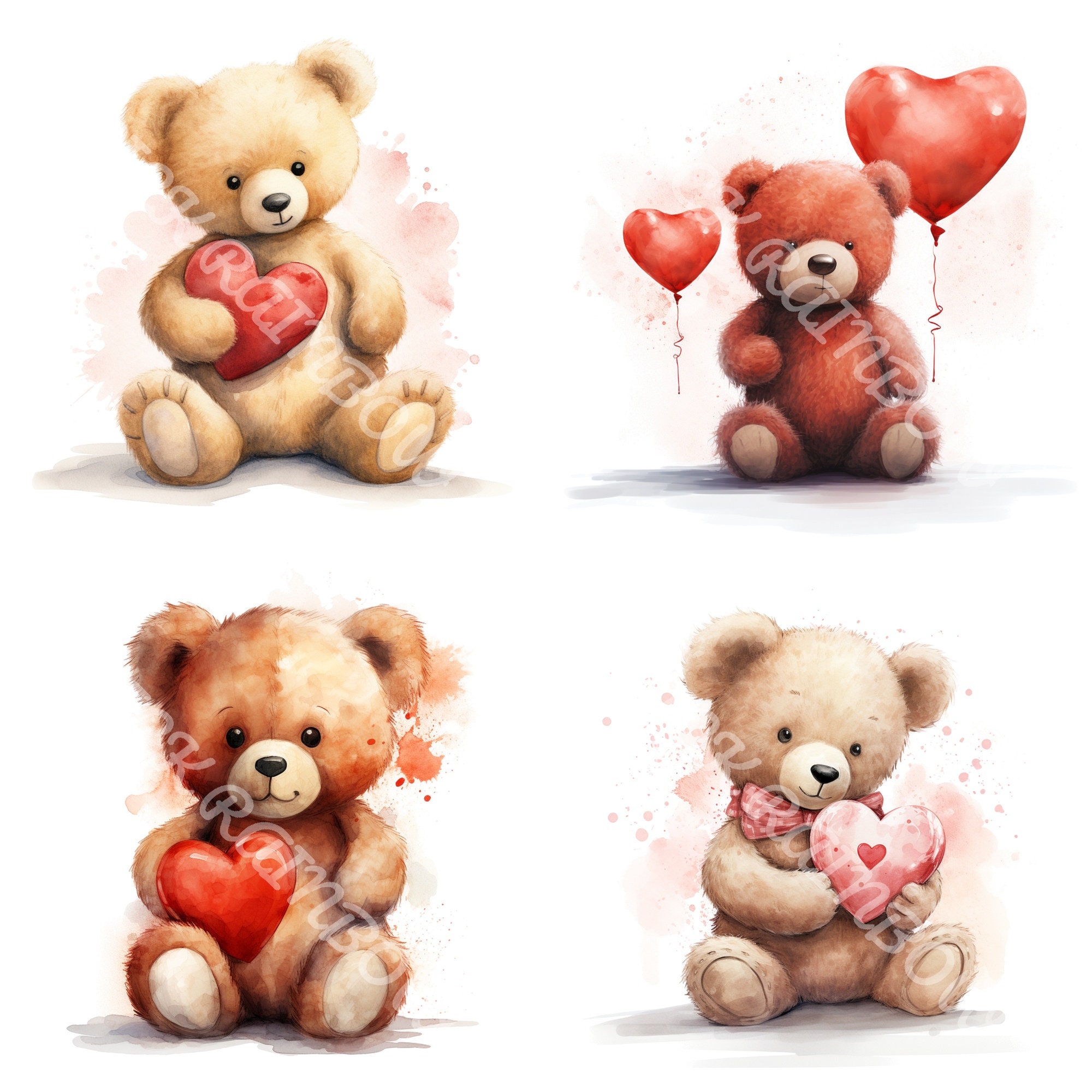 Teddy Bear With Heart Clipart: 12 PNG Illustrations (instant Download ...