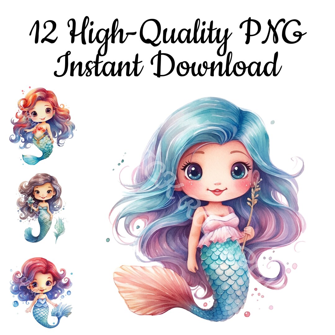 Cute Mermaid Watercolor Clipart, Cartoon PNG Illustrations (instant ...