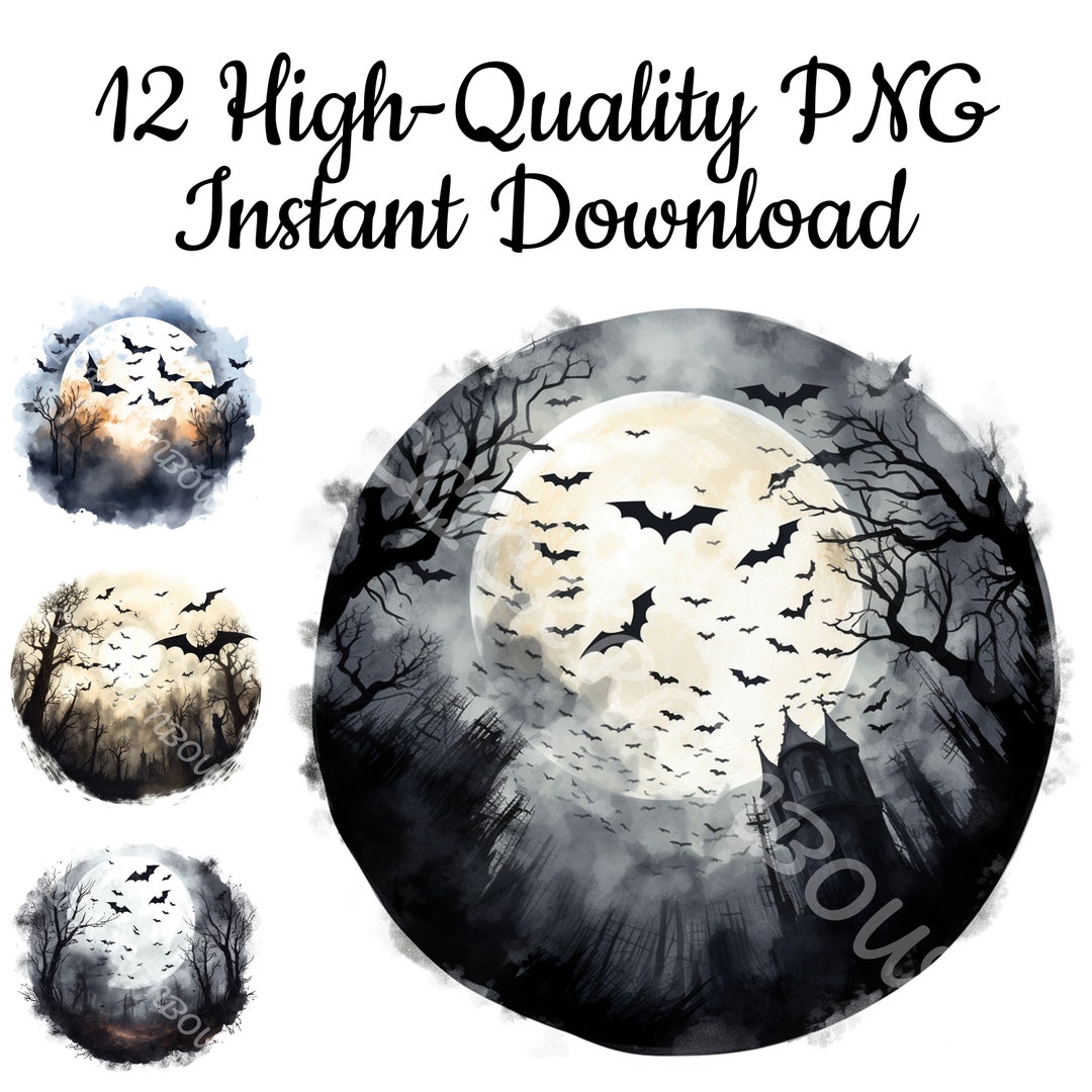Bats and Moon Clipart, 12 Bat and Moon PNG, Halloween Printable ...