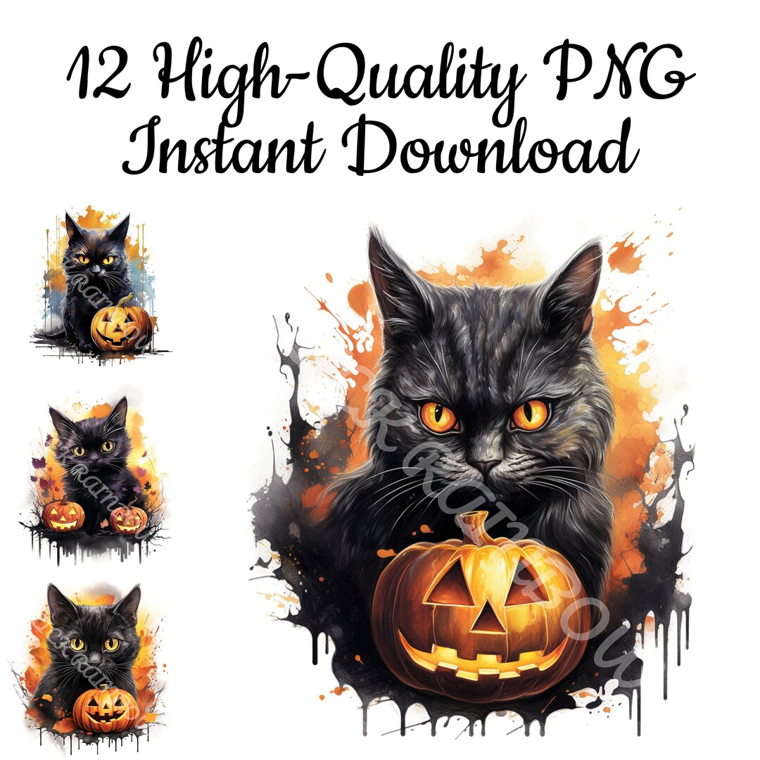 Black Cat Clipart, 12 Halloween Cat PNG, Halloween Cat Painting ...