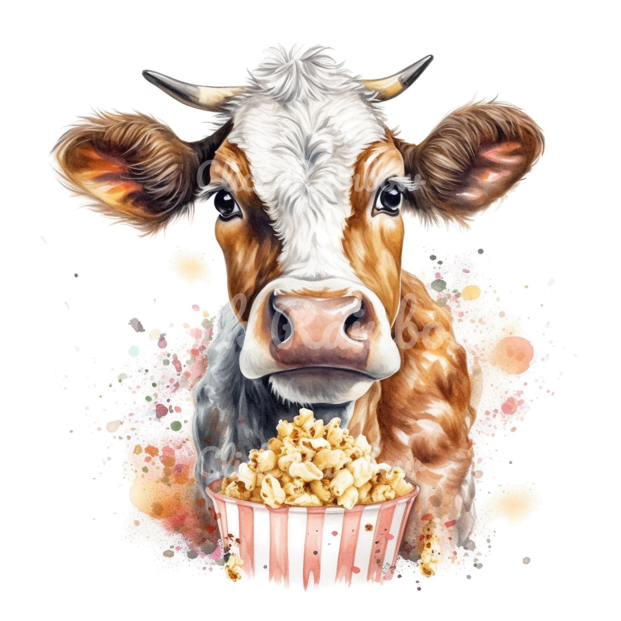 Cow Eating Popcorn Clipart, 12 Cow PNG, Cow Illustration, Cow Painting ...