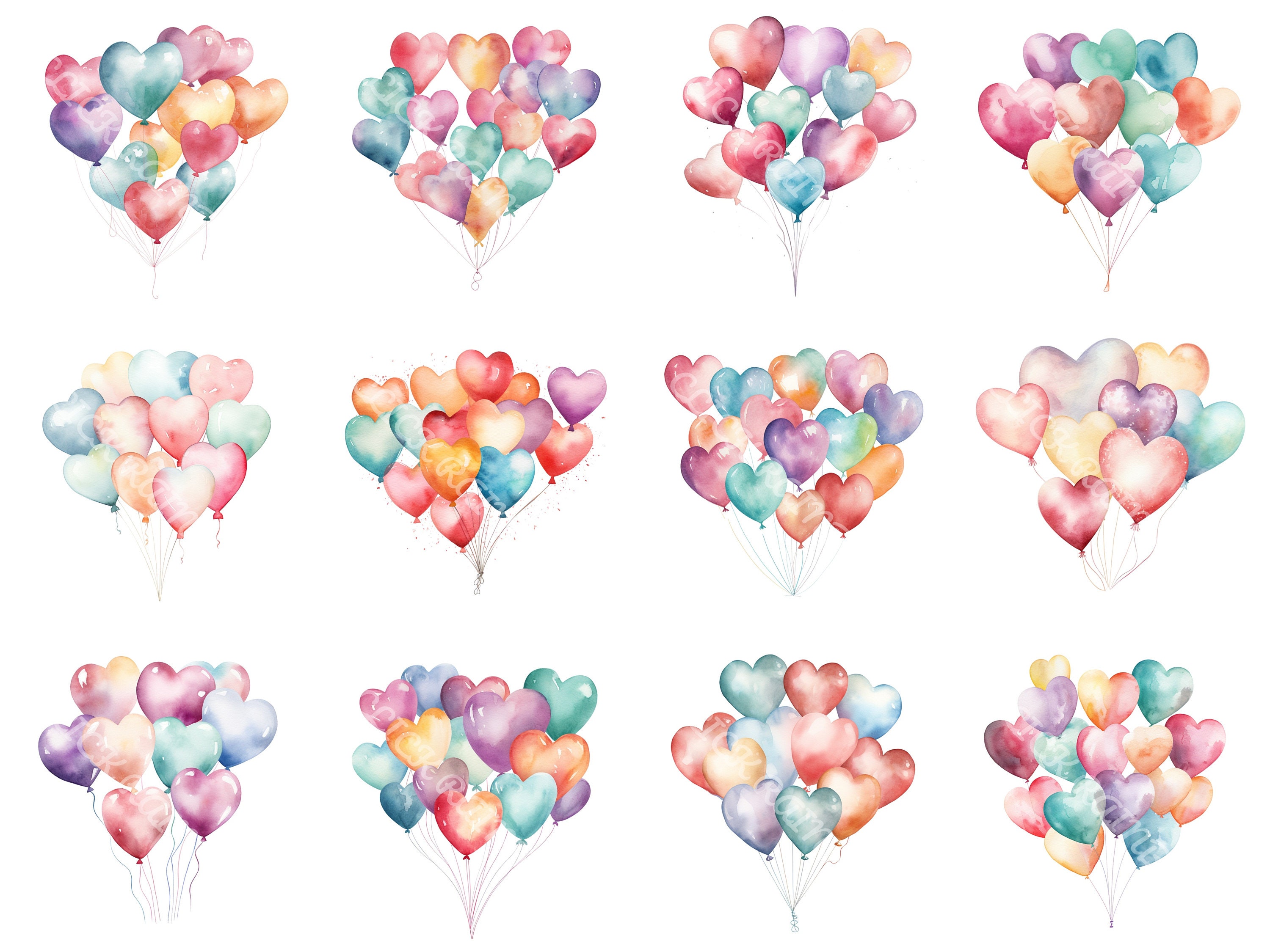 Heart Shaped Balloons Clipart, 12 Balloons PNG, Love Printable, Digital ...