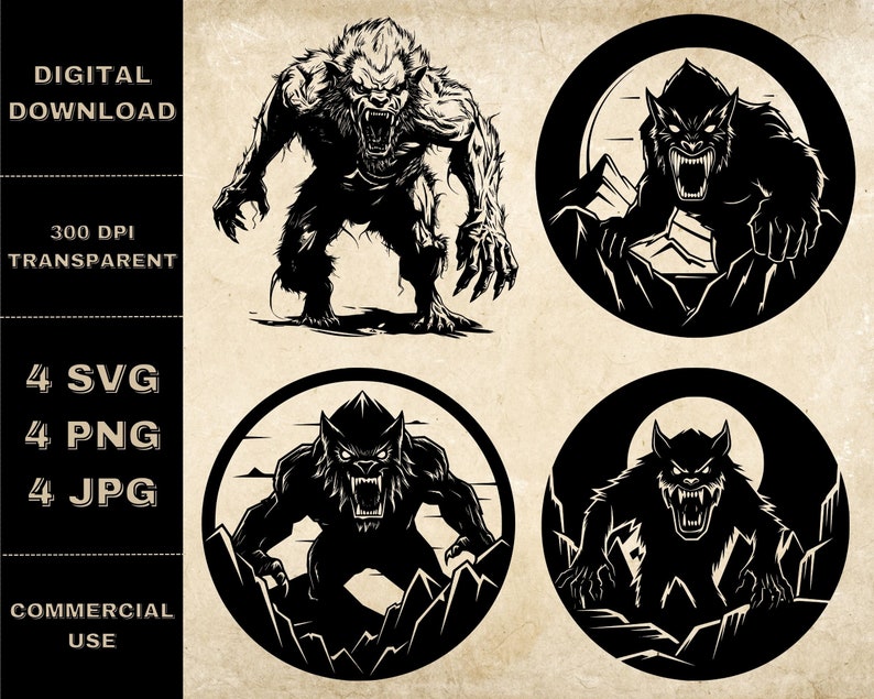 Werewolf SVG Bundle PNG Werewolf Clipart Hand Drawn - Etsy
