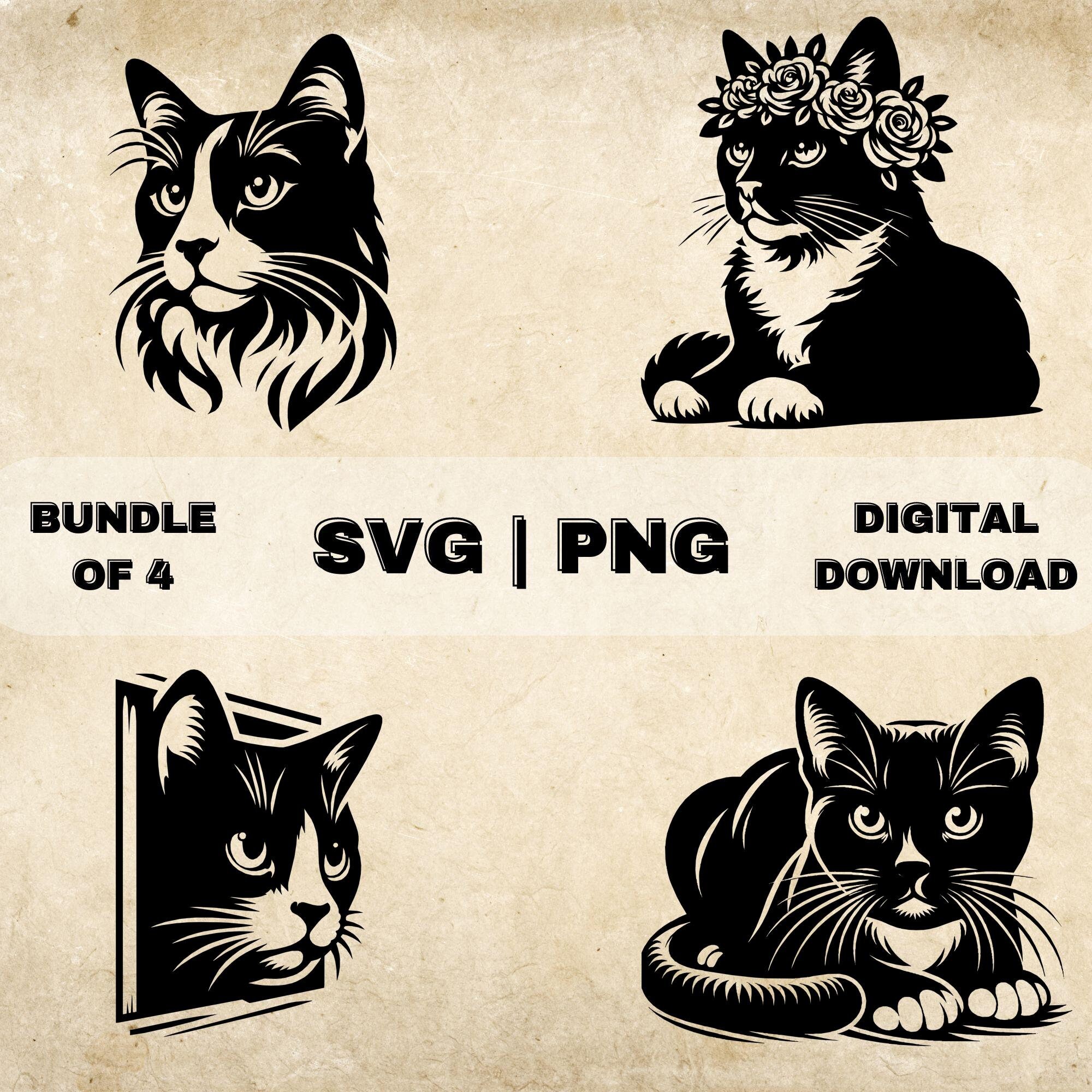 Tuxedo Cat SVG Bundle, Cat Face Clipart, Hand Drawn Cats Theme Vector ...