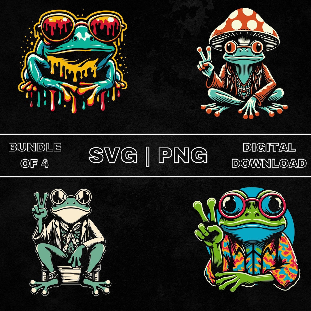 Hippie Frog SVG Bundle, Frog Mushroom Clipart, Hand Drawn Frogs Peace ...