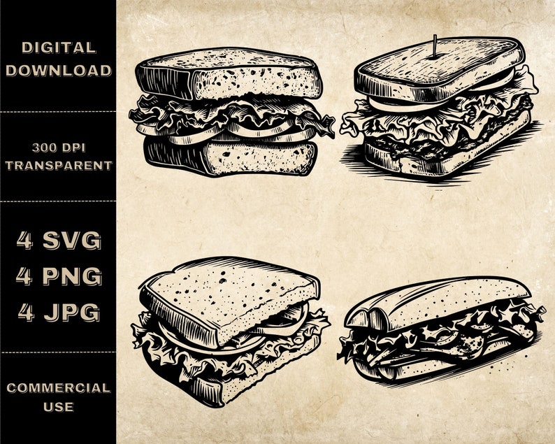 Sandwich SVG Bundle PNG Sandwich Clipart Hand Drawn - Etsy