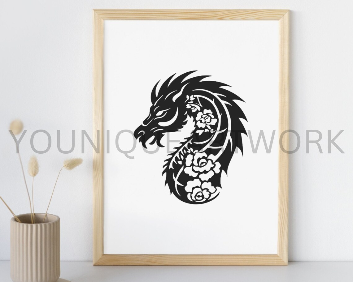 Floral Dragon SVG Bundle, PNG, Dragon Flower Clipart, Hand Drawn Dragon ...