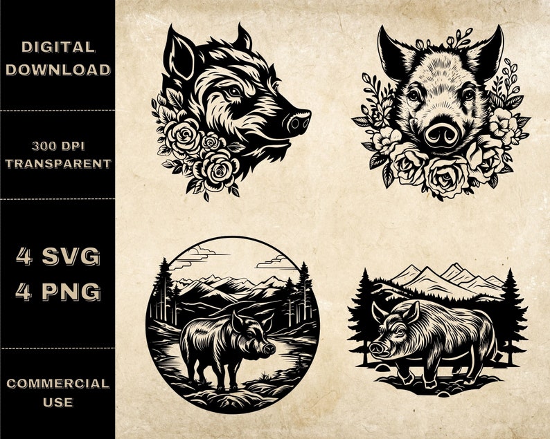 Wild Boar SVG Bundle PNG Boar Clipart Hand Drawn Boars - Etsy