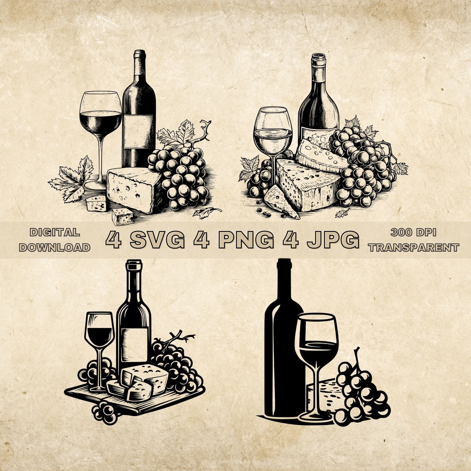 Wine and Cheese SVG Bundle, PNG, Wine Lover Clipart, Hand Drawn Wine ...