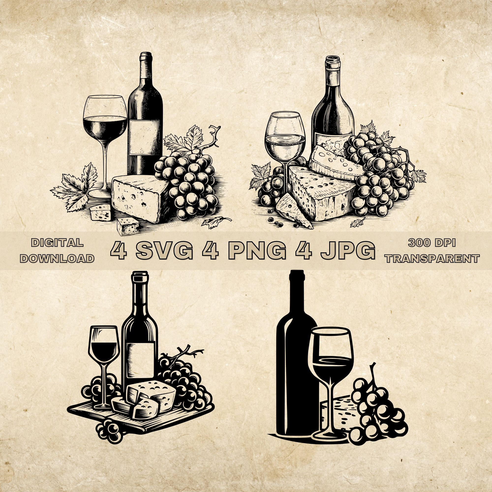 Wine and Cheese SVG Bundle, PNG, Wine Lover Clipart, Hand Drawn Wine Tray Vector Illustration ...