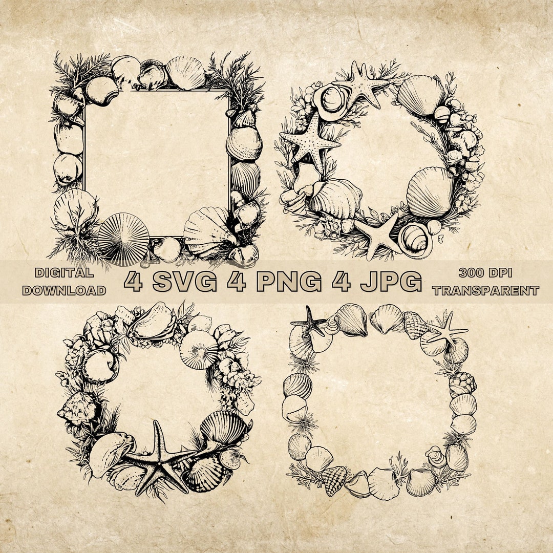 Seashell Frame SVG Bundle, PNG, Nautical Frame Clipart, Hand Drawn ...