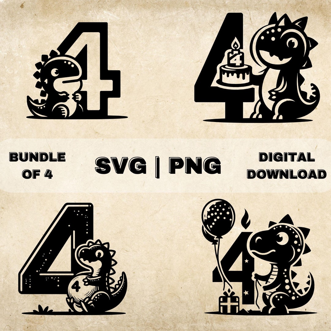 Dinosaur 4th Birthday SVG Bundle, Fourth Birthday Clipart, Hand Drawn ...