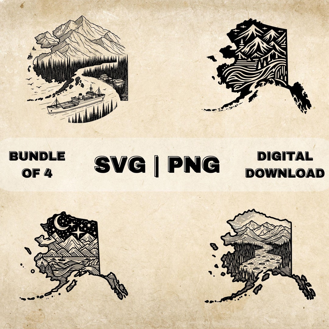 Alaska SVG Bundle, Alaska State Clipart, Hand Drawn Nature Theme Vector ...