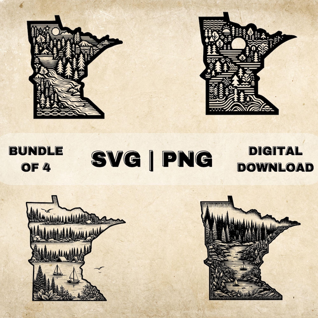 Minnesota SVG Bundle, MN State Clipart, Hand Drawn Lakes Pine Trees ...