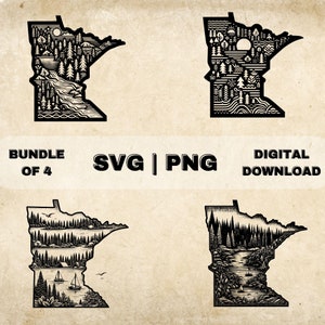 Minnesota SVG Bundle, MN State Clipart, Hand Drawn Lakes Pine Trees ...