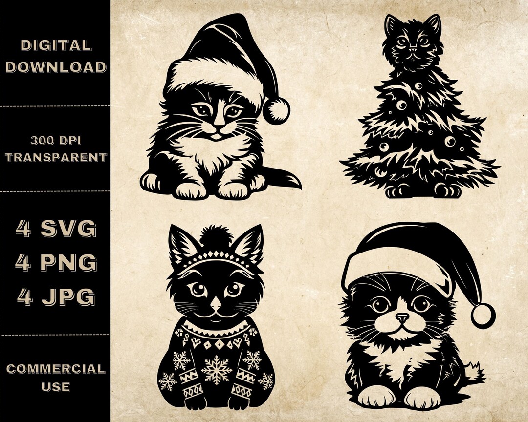 Christmas Cat SVG Bundle, PNG, Xmas Themed Clipart, Hand Drawn Cats ...