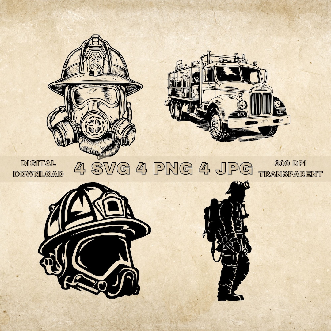 Firefighter SVG Bundle, PNG, Fire Truck and Helmet Clipart, Hand Drawn ...