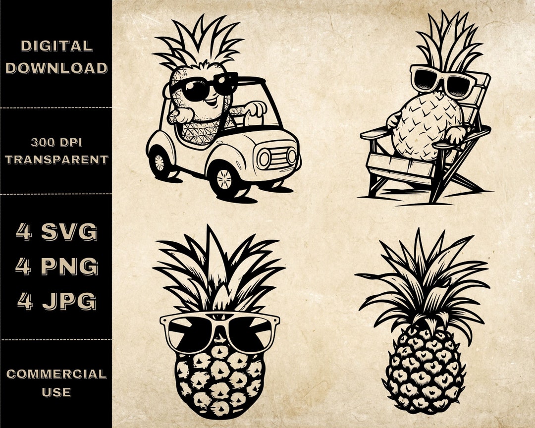 Pineapple SVG Bundle, PNG, Funny Summer Clipart, Hand Drawn Cute Pineapple Sunglasses Vector ...