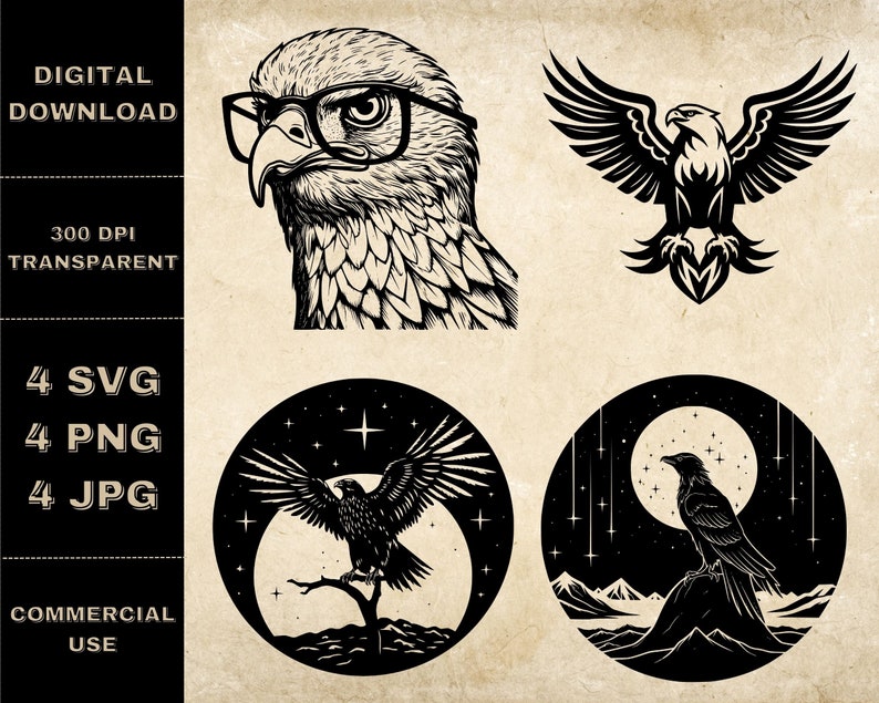 Hawk SVG Bundle, PNG, Hawk Clipart, Hand Drawn Hawk Vector Illustration ...